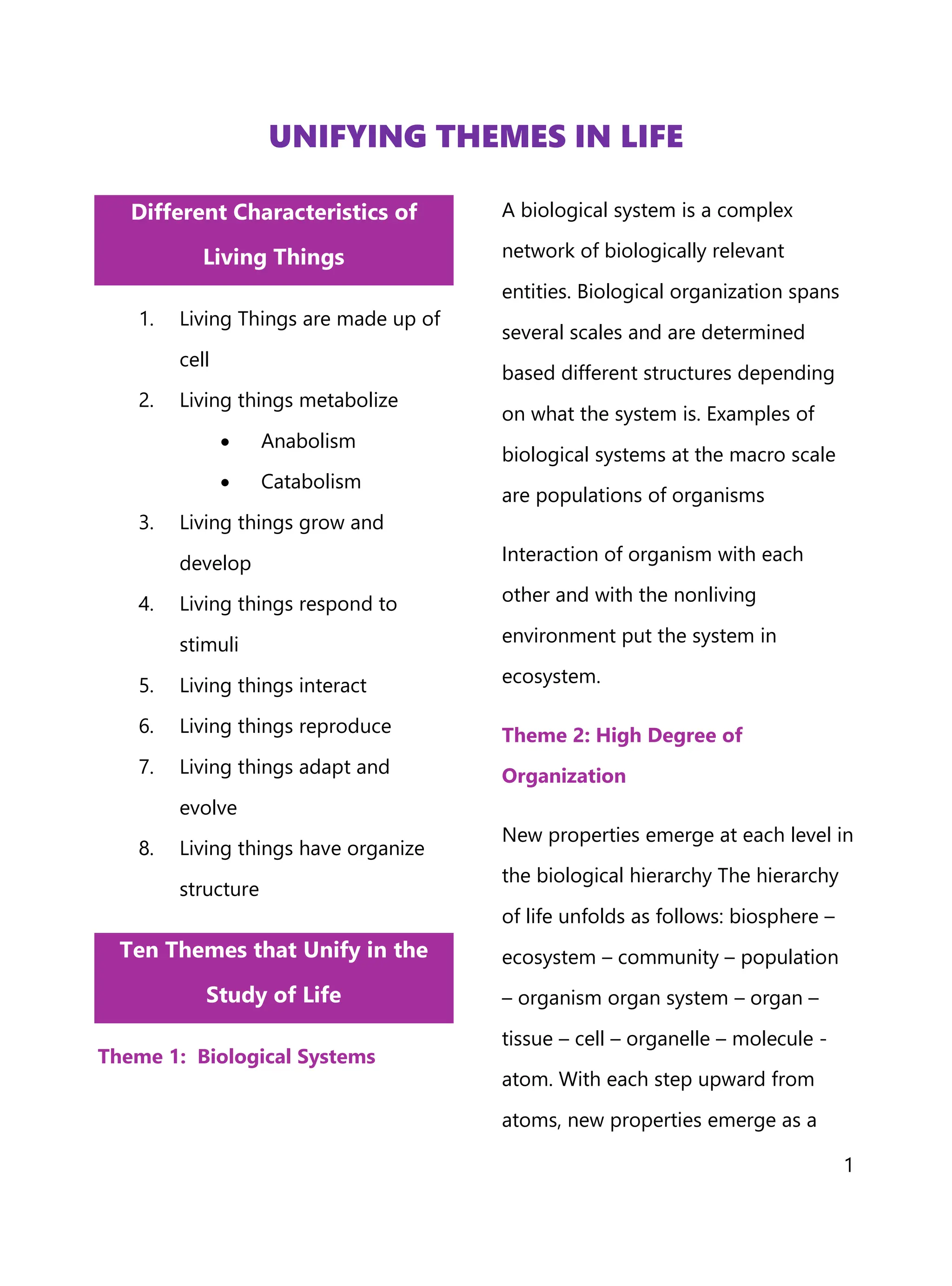 EARTH AND LIFE SCIENCE UNIFYING THEME OF LIFE | DOCX