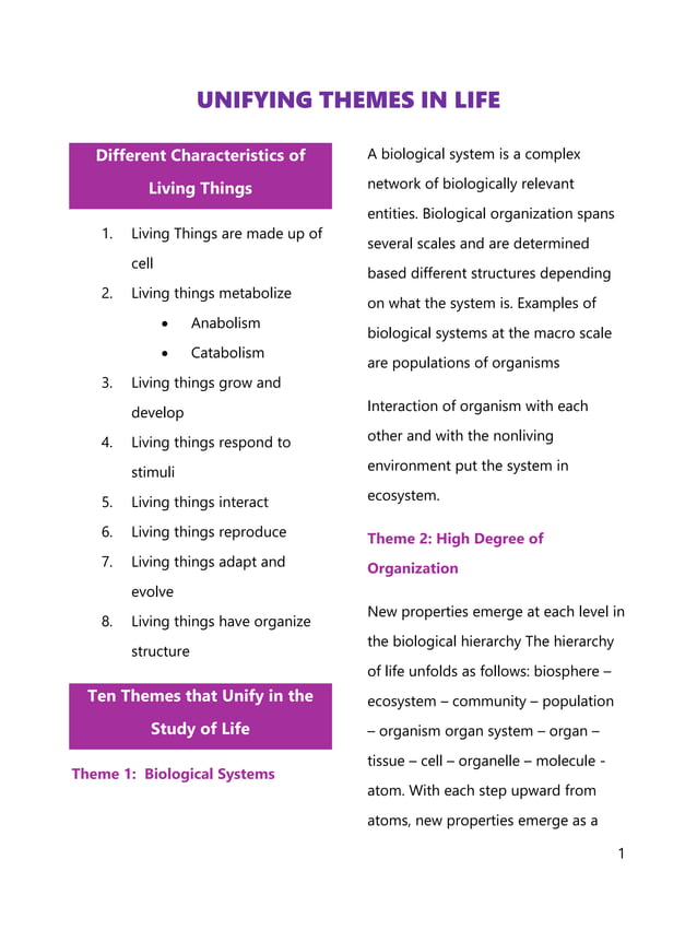 EARTH AND LIFE SCIENCE UNIFYING THEME OF LIFE | DOCX