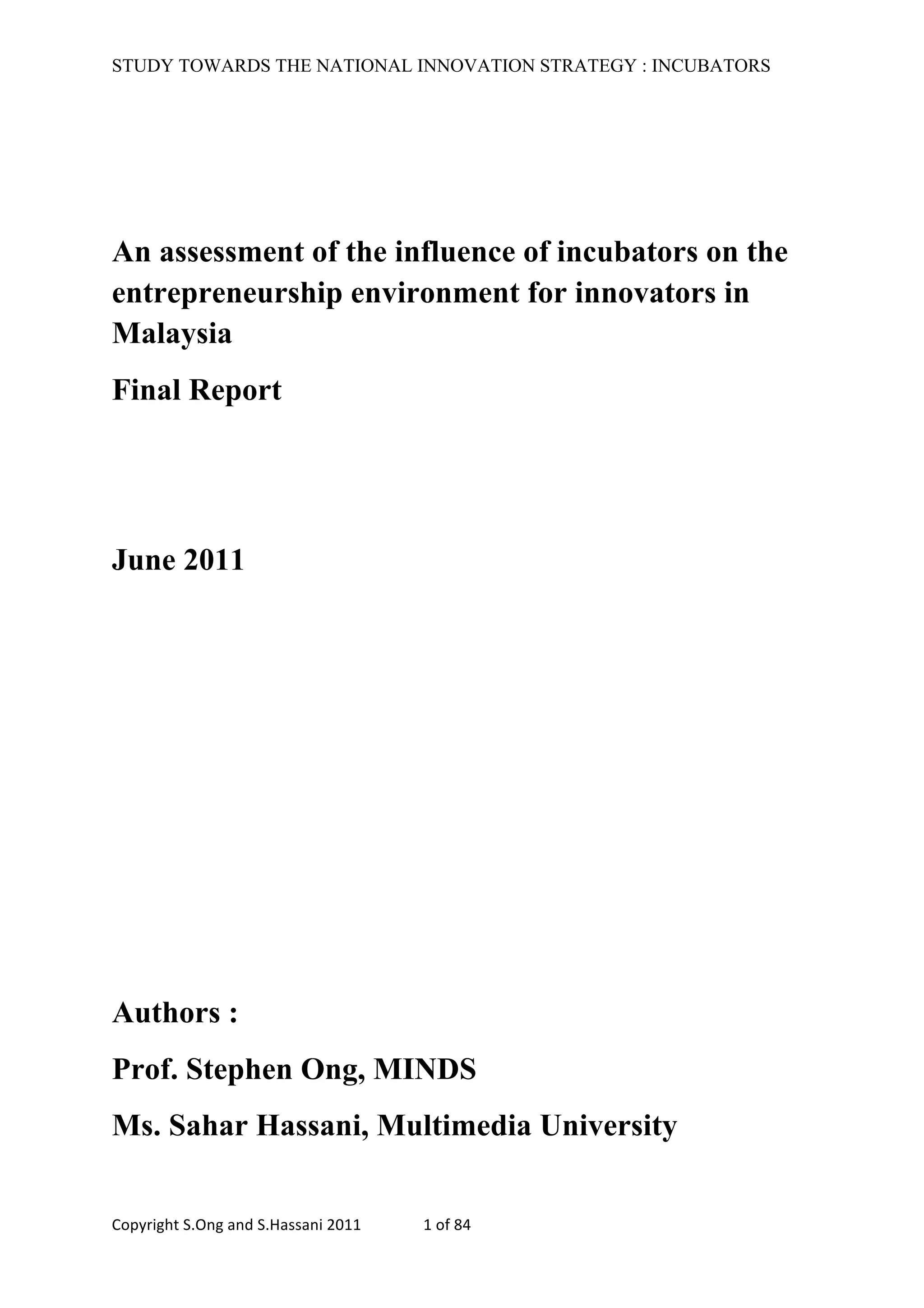 The role of incubators in entrepreneurship and innovation | PDF