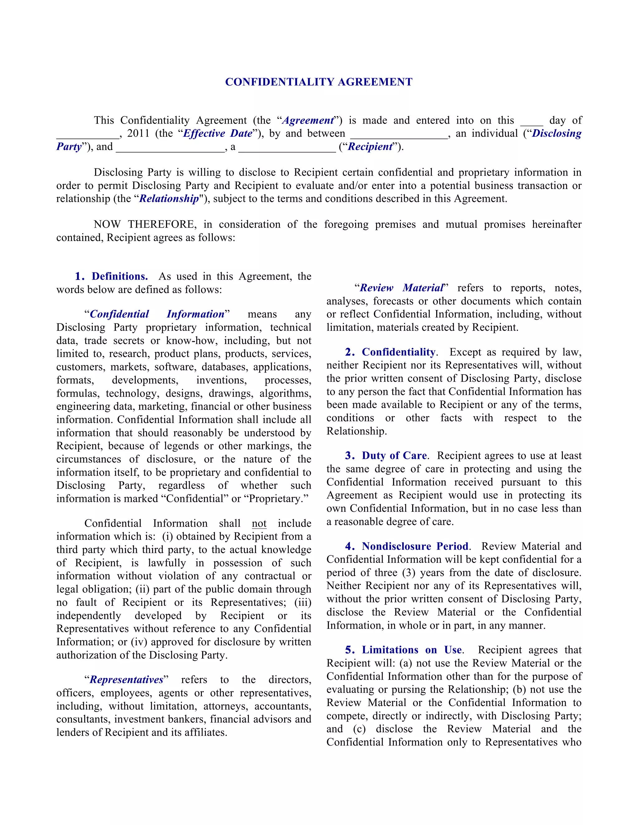 Unilateral NDA -- individual disclosing to corporation | PDF