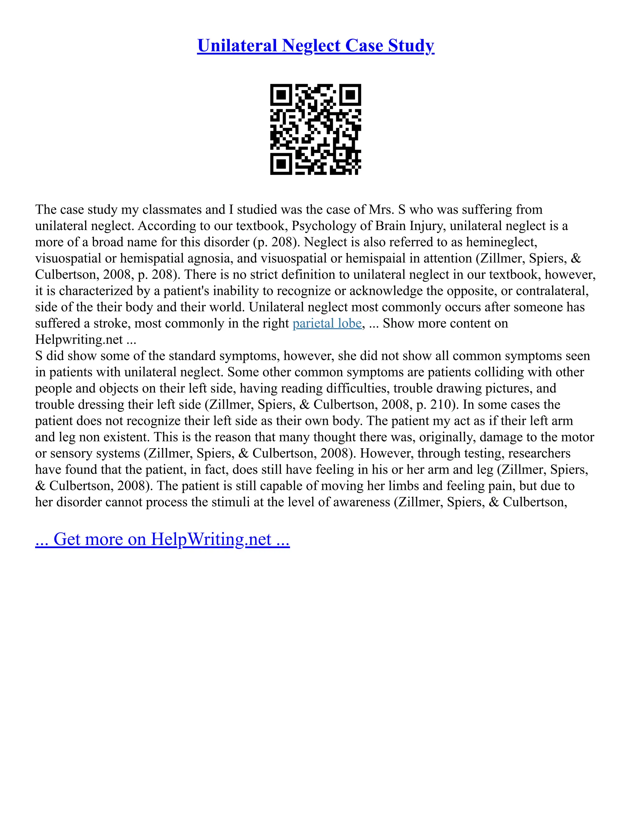 Unilateral Neglect Case Study | PDF