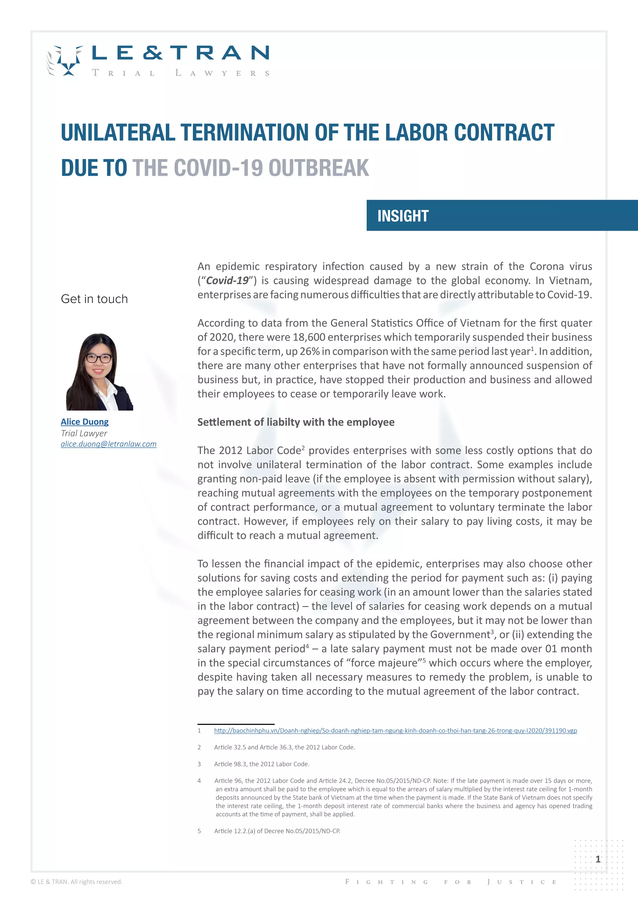 Unilateral termination of the labor contract due to The Covid-19 ...