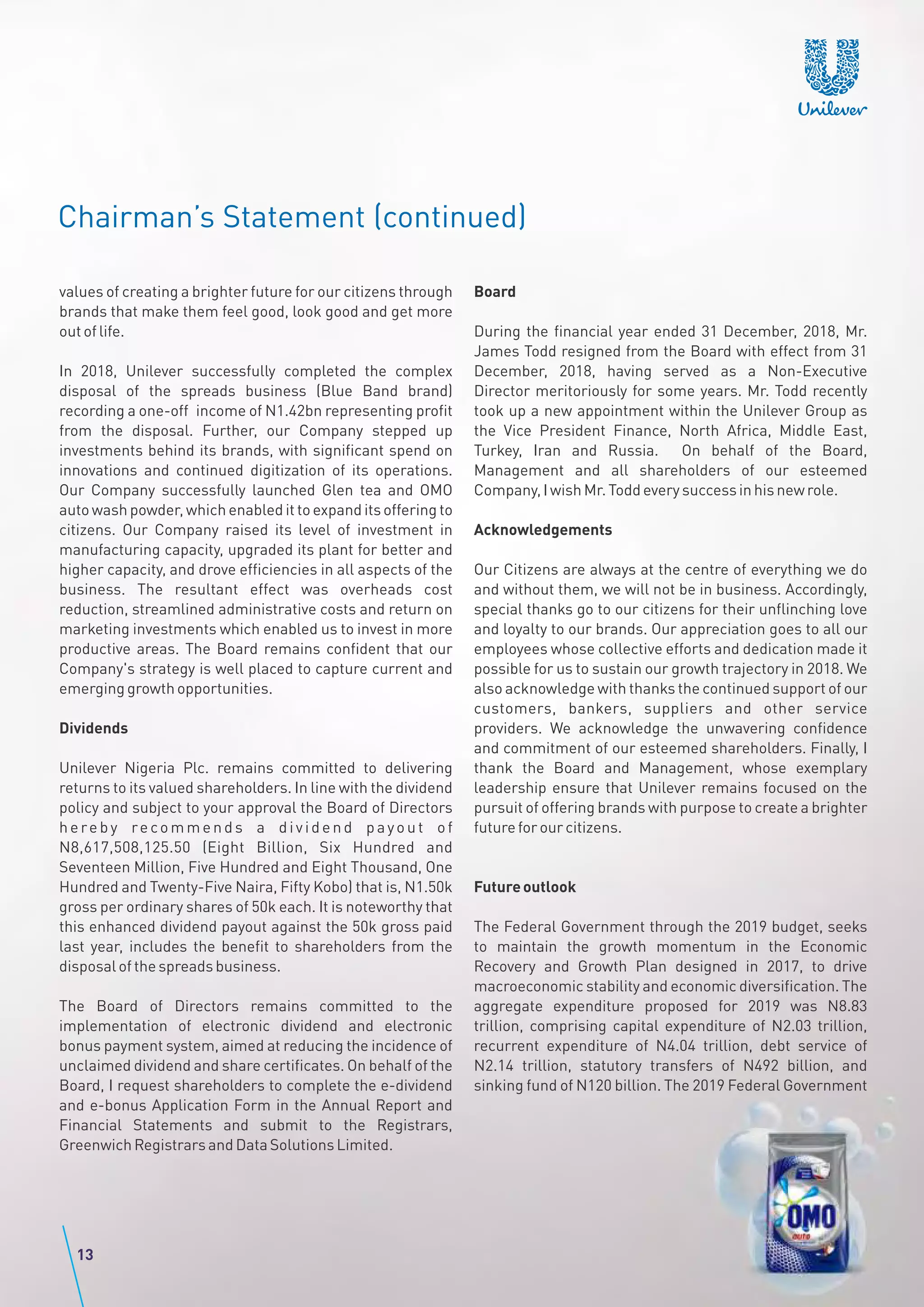 Unilever Nigeria annual report 2018 | PDF