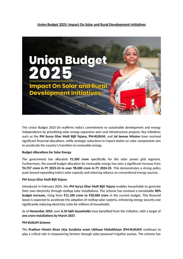 Union Budget India 2025: Solar and Water Sector Insights | PDF