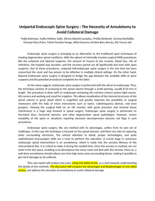 Uniportal Endoscopic Spine Surgery - The Necessity of Annulotomy to ...