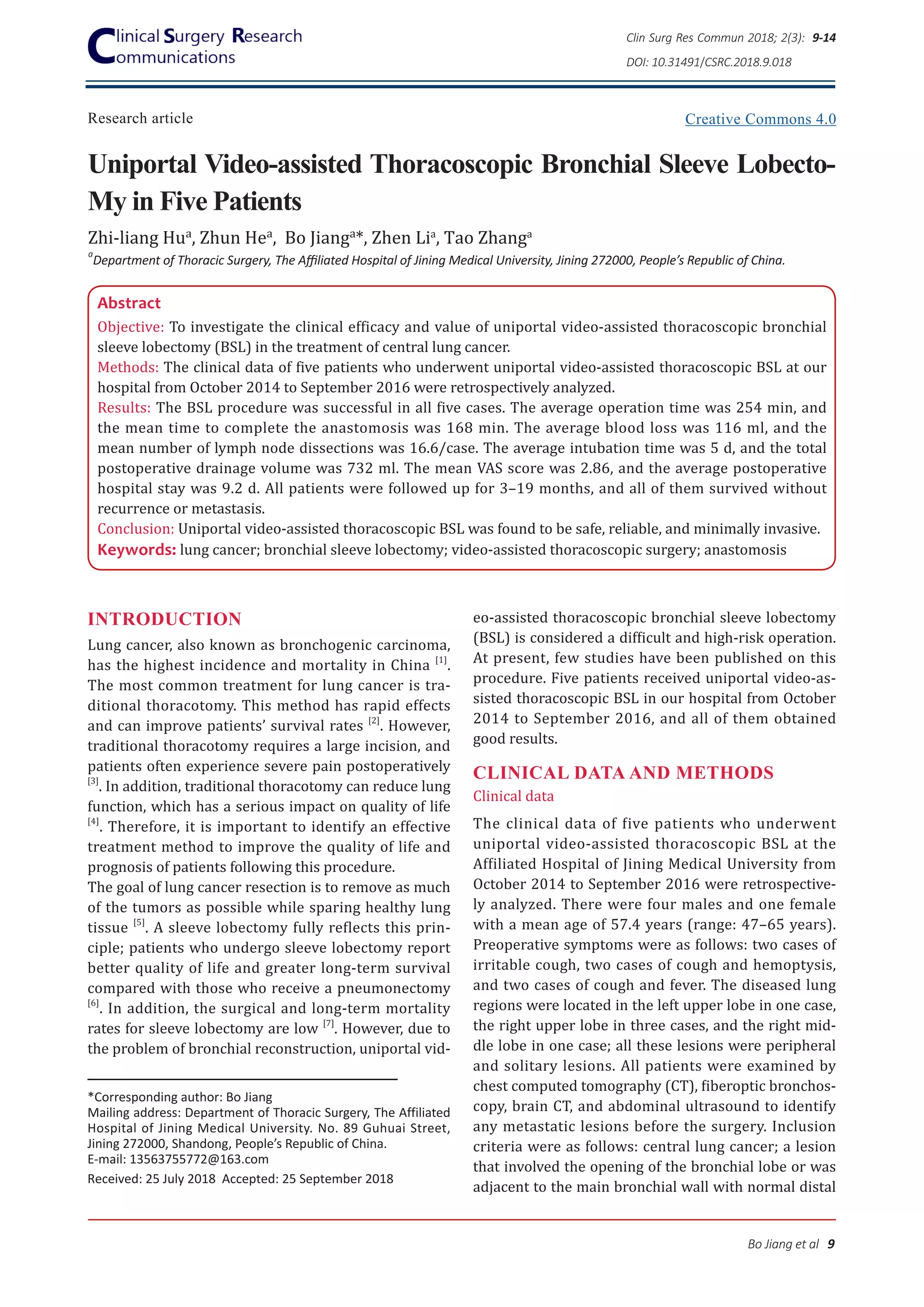 Uniportal video assisted thoracoscopic bronchial sleeve lobectomy in ...