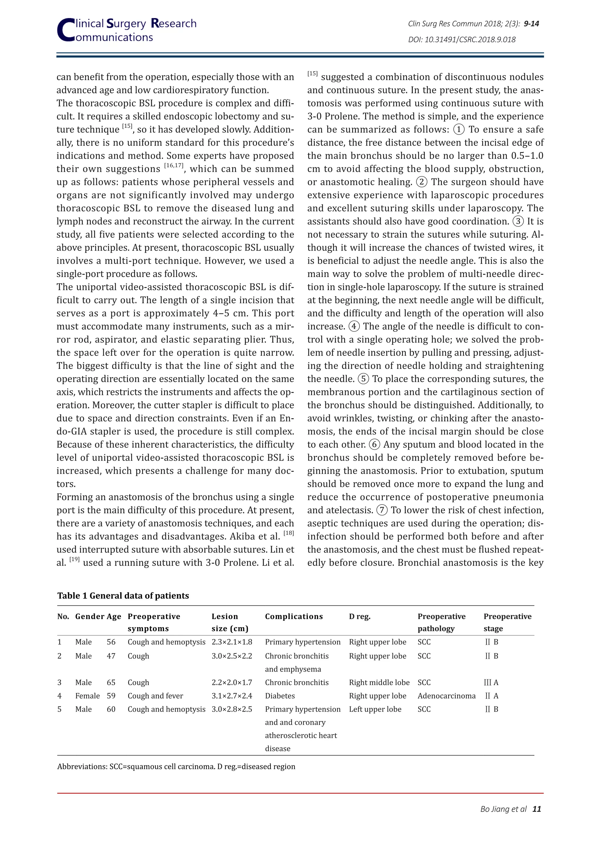 Uniportal video assisted thoracoscopic bronchial sleeve lobectomy in five patients | PDF