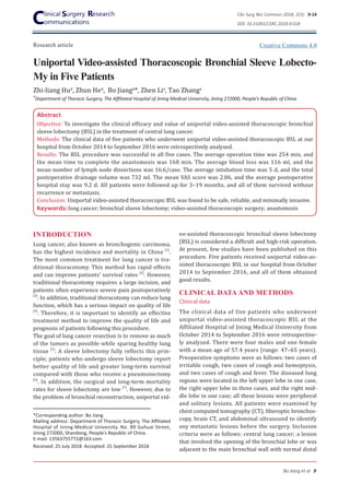 Uniportal video assisted thoracoscopic bronchial sleeve lobectomy in five patients | PDF