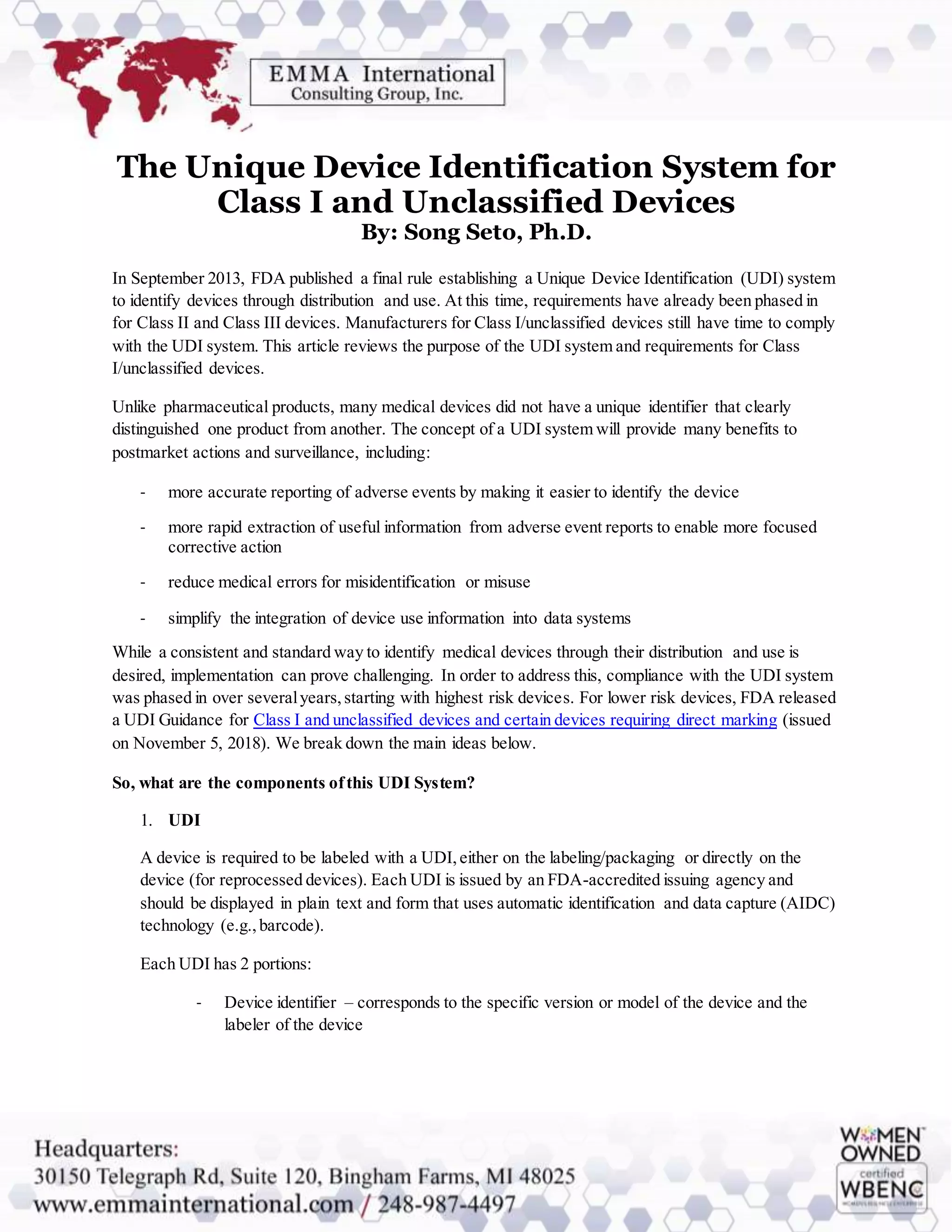 The Unique Device Identification System for Class I and Unclassified ...