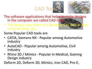 CADCAM: Product life cycle and CAD input, out puts advantages and | PPTX