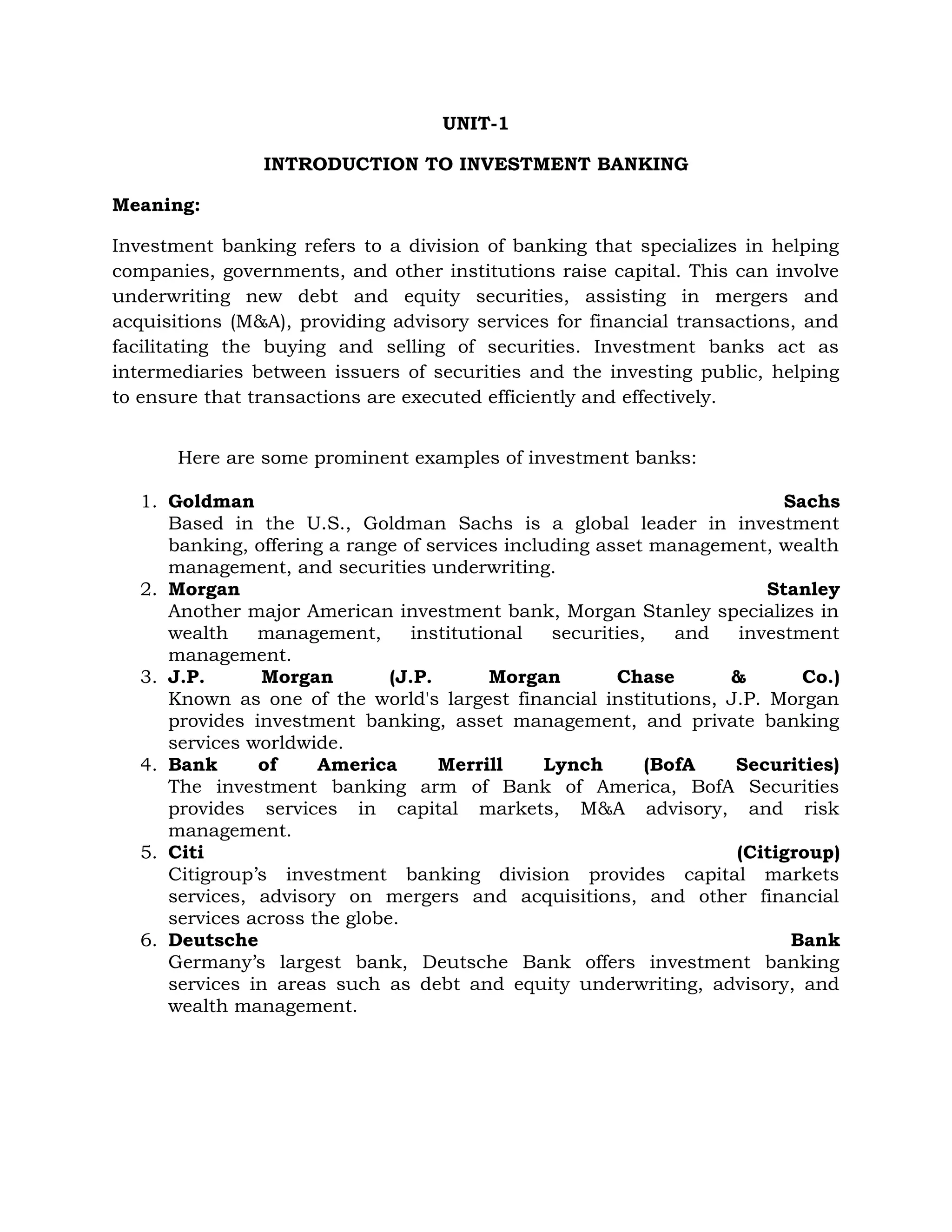 Unit-1.docx Introduction to Investment banking | DOCX