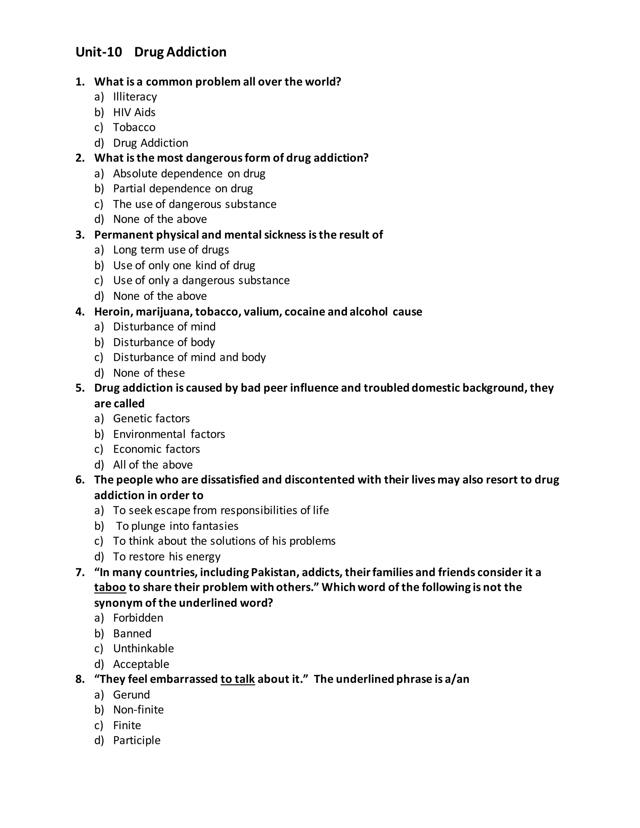 Unit 10 Drug Addiction mcqs By Musarrat Khan | DOCX