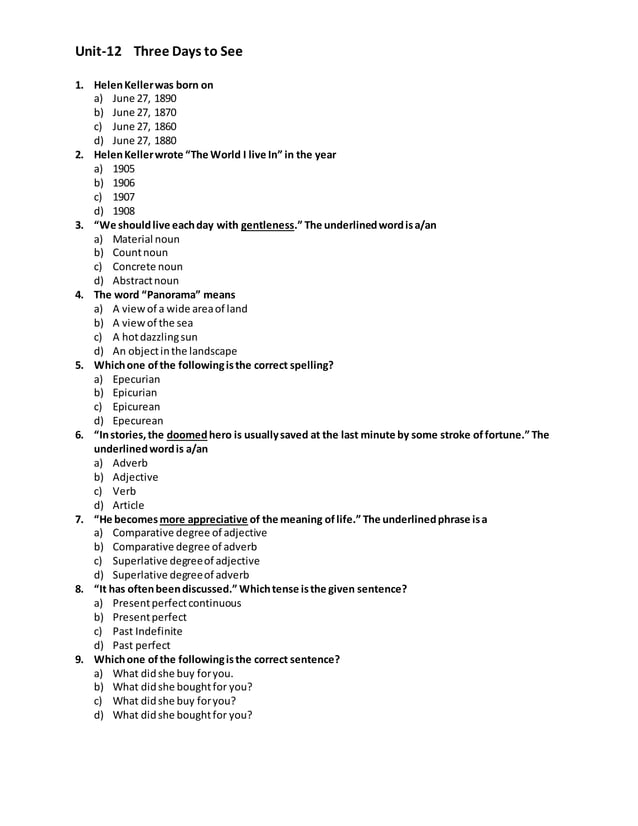 Unit 12 Three Days to See mcqs By Musarrat Khan | DOCX | Graduation ...