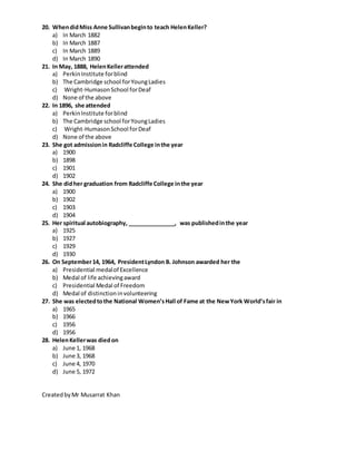 Unit 12 Three Days to See mcqs By Musarrat Khan | DOCX | Graduation ...