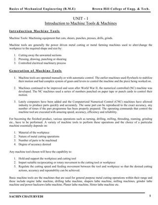 Unit 1 introductiontomachineandmachinetool | PDF