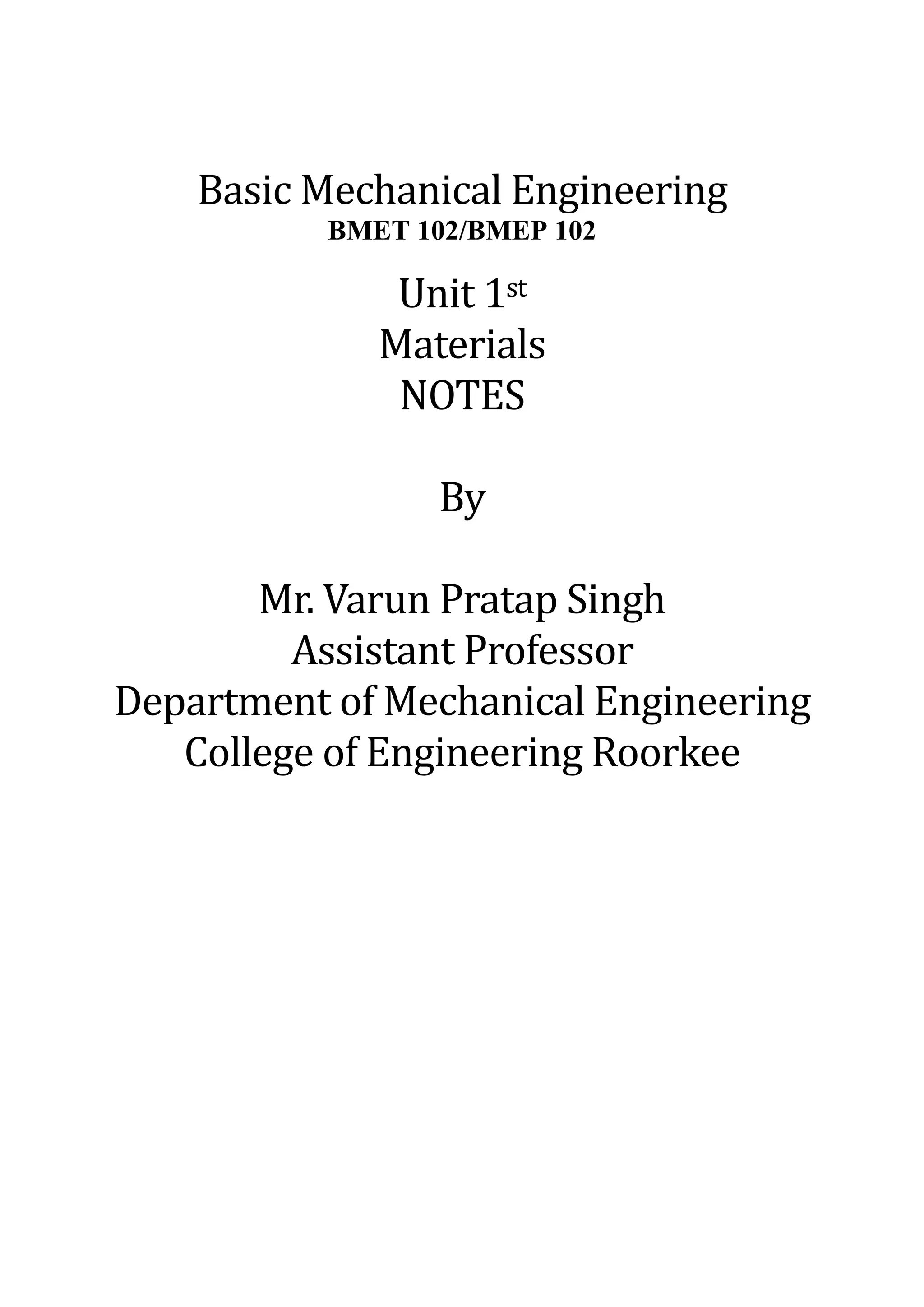 Basic Mechanical Engineering Unit-1 Materials @ by V.P. Singh | PDF