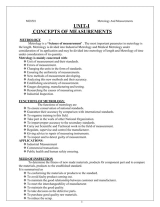 METROLOGY & MEASUREMENT Unit 1 notes (5 files merged) | PDF