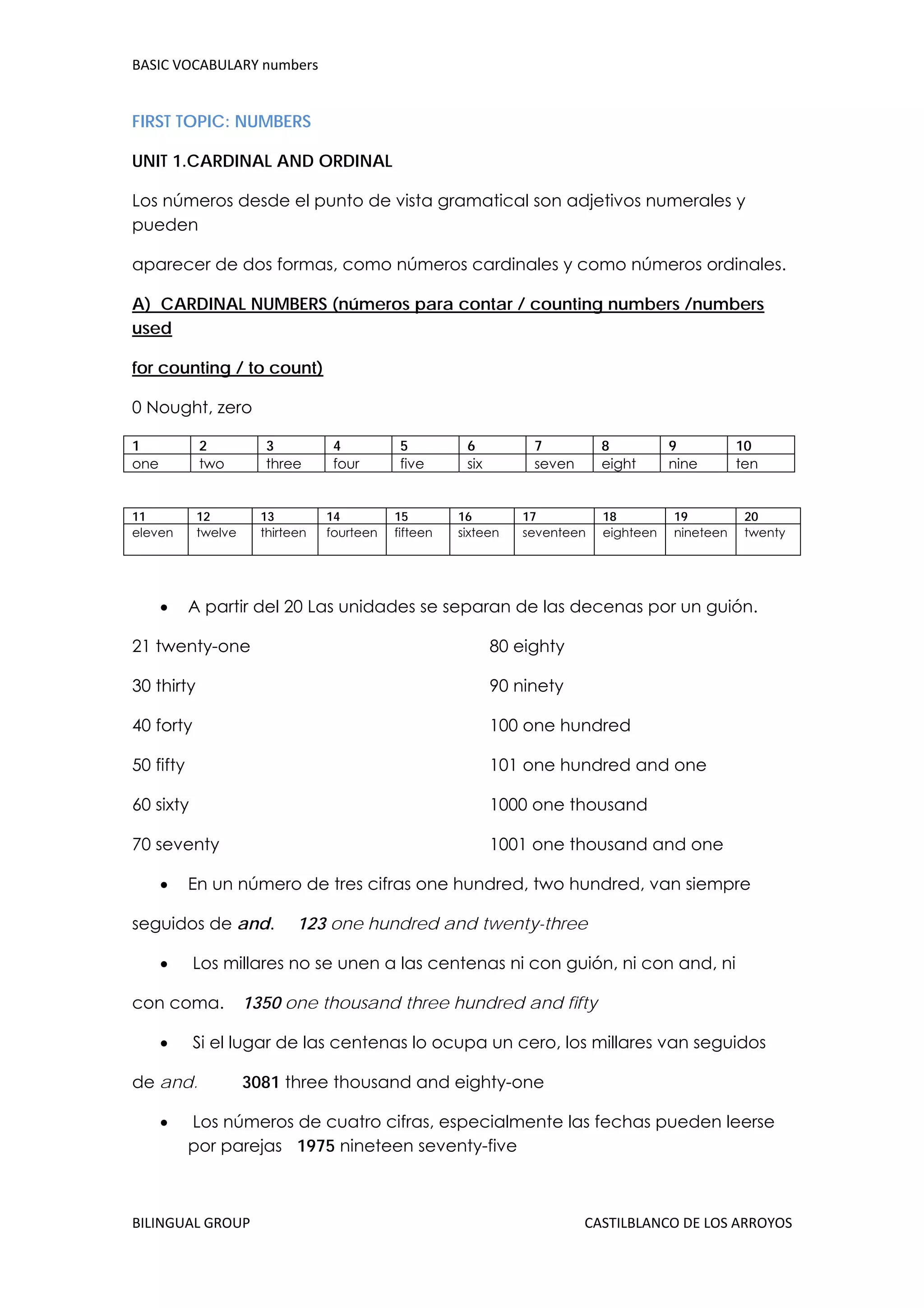 Unit 1 numbers-vocabulary | PDF | Birdwatching | Hobbies & Interests