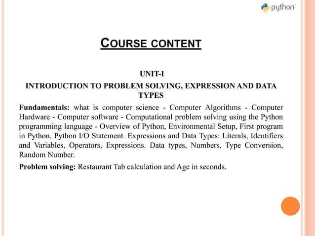 Unit 1 20acs04 Problem Solving And Programming Using Python Ppt