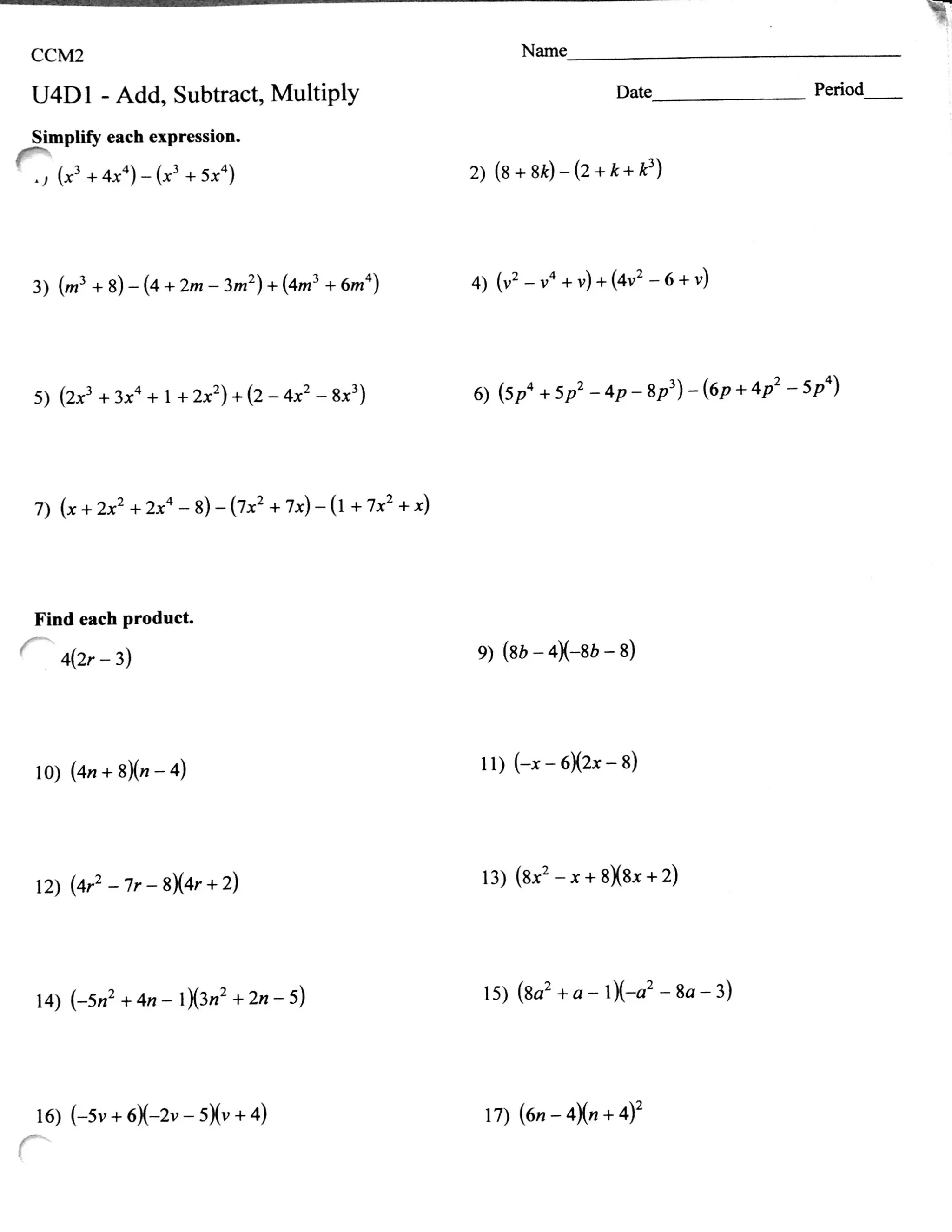 Practice for Operations with Polynomials and Factoring | PDF