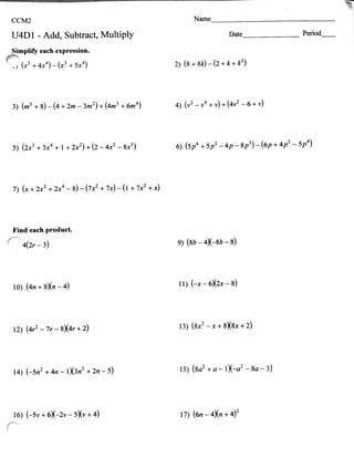 Practice for Operations with Polynomials and Factoring | PDF