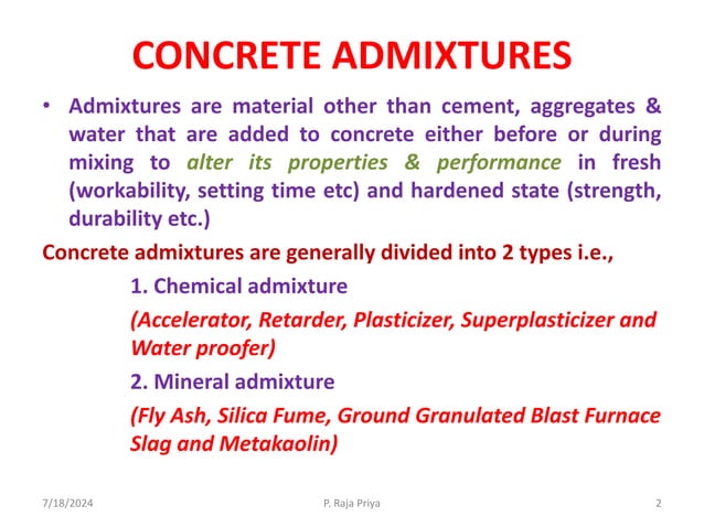 CONCRETE ADMIXTURES - Concrete Technology | PPT