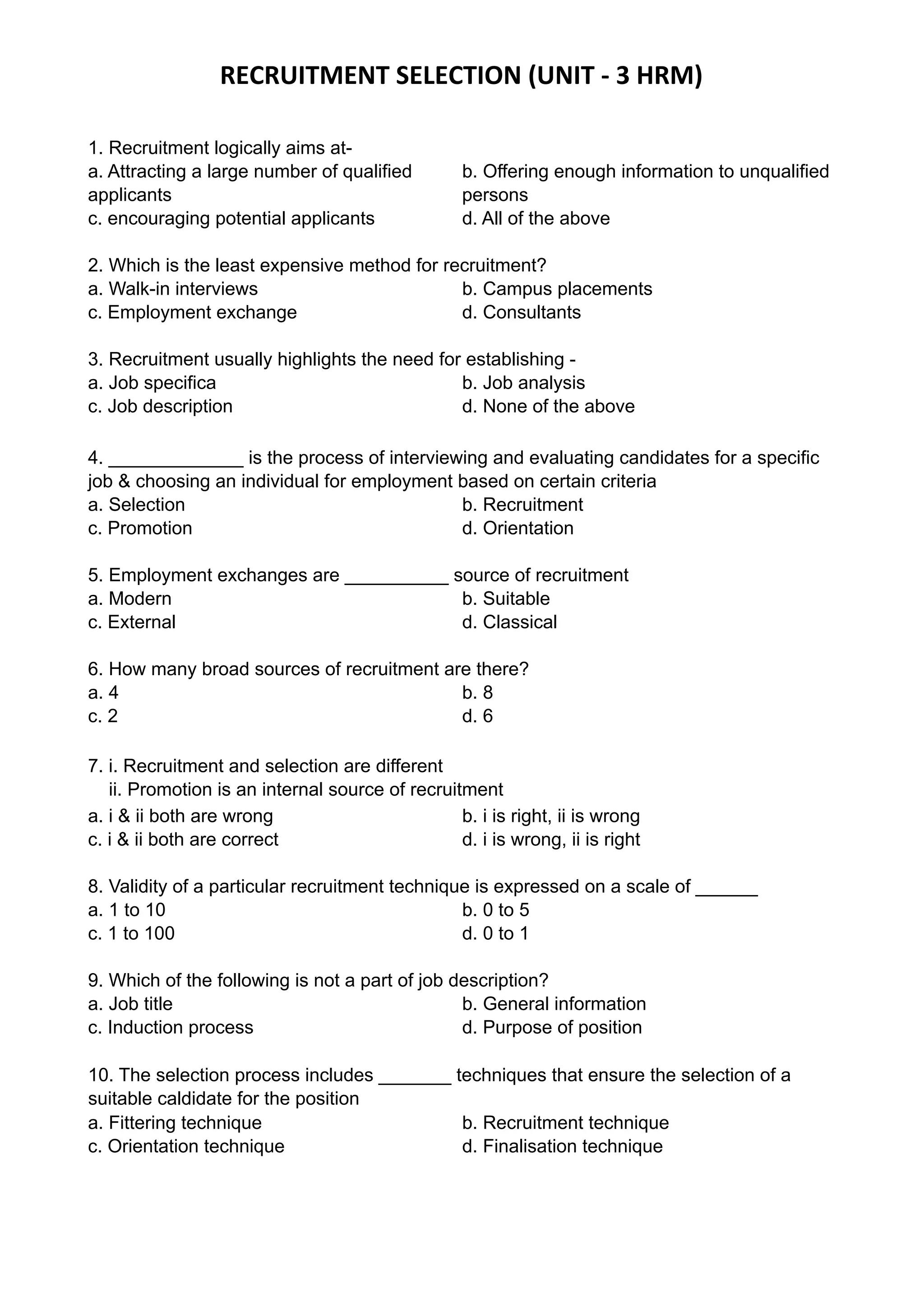 Unit 3-hrm-recruitment-selection-mcq | PDF