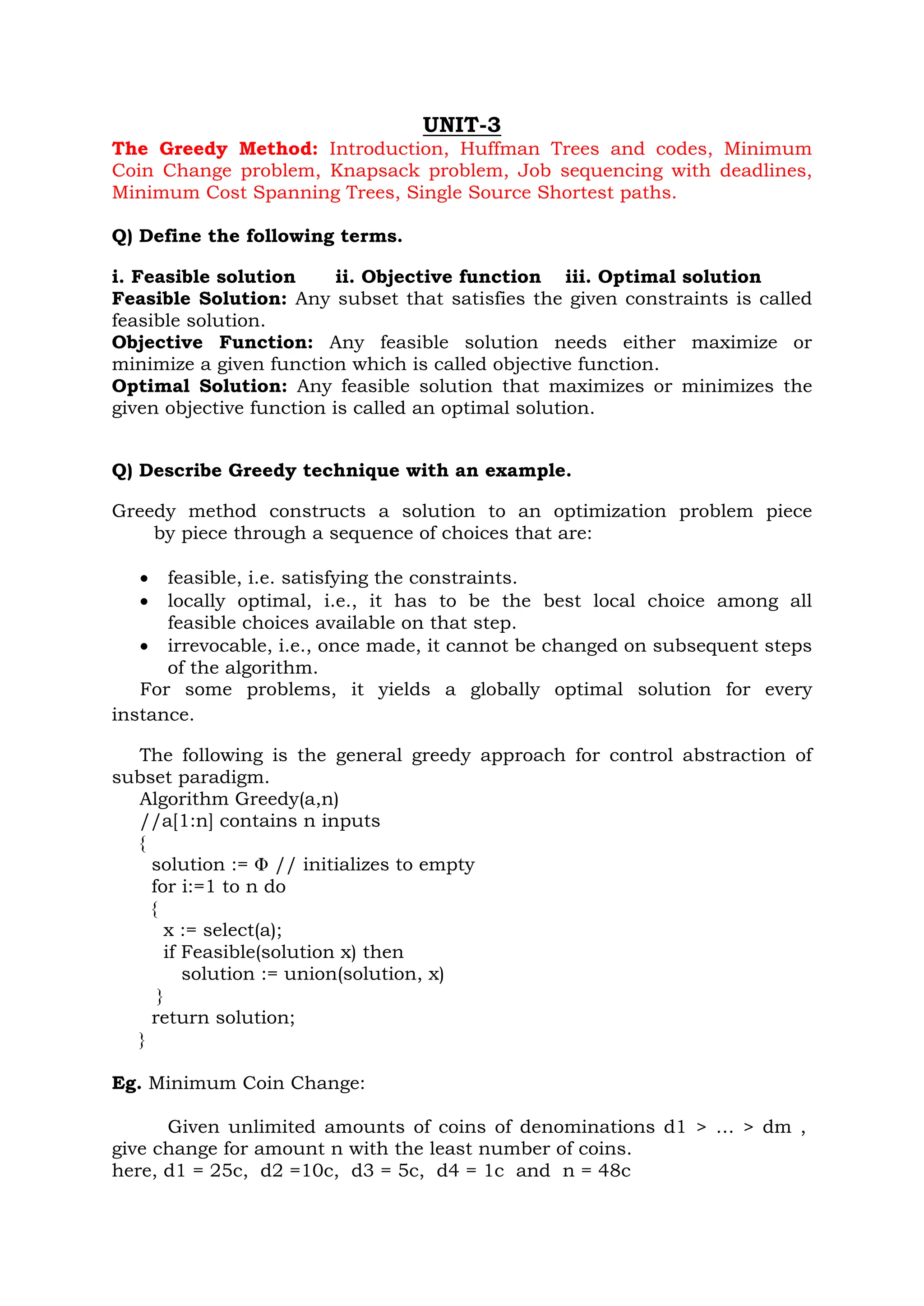 Unit 3 Greedy Method Prims Algorithm Kruskals Algorithmpdf Programming Languages Computing