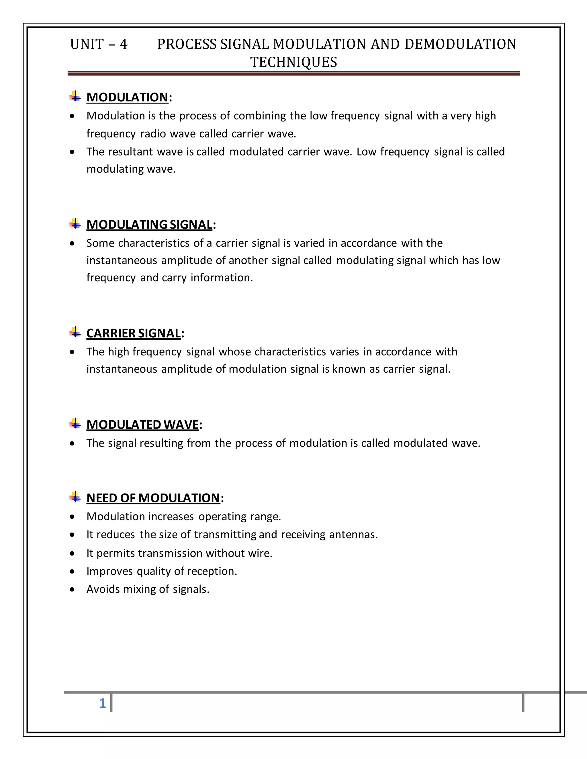 Unit 4 process signal modlation and demodulation techniques | DOCX