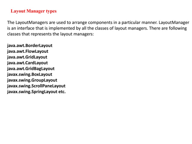 Awt Swing Layout Managers Pptx Programming Languages Computing