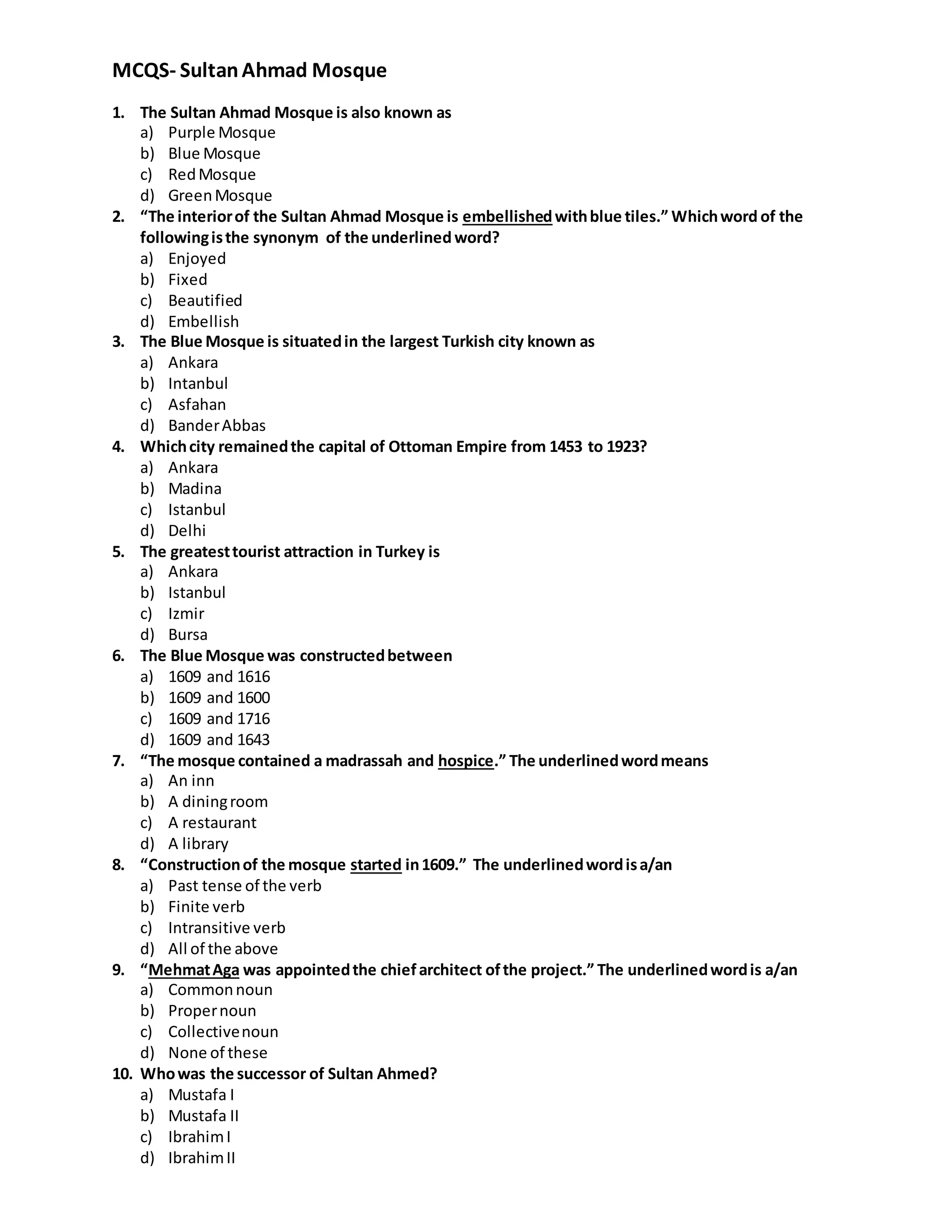 Unit 7 Sultan Muhammad Mosque mcqs By Musarrat Khan | DOCX