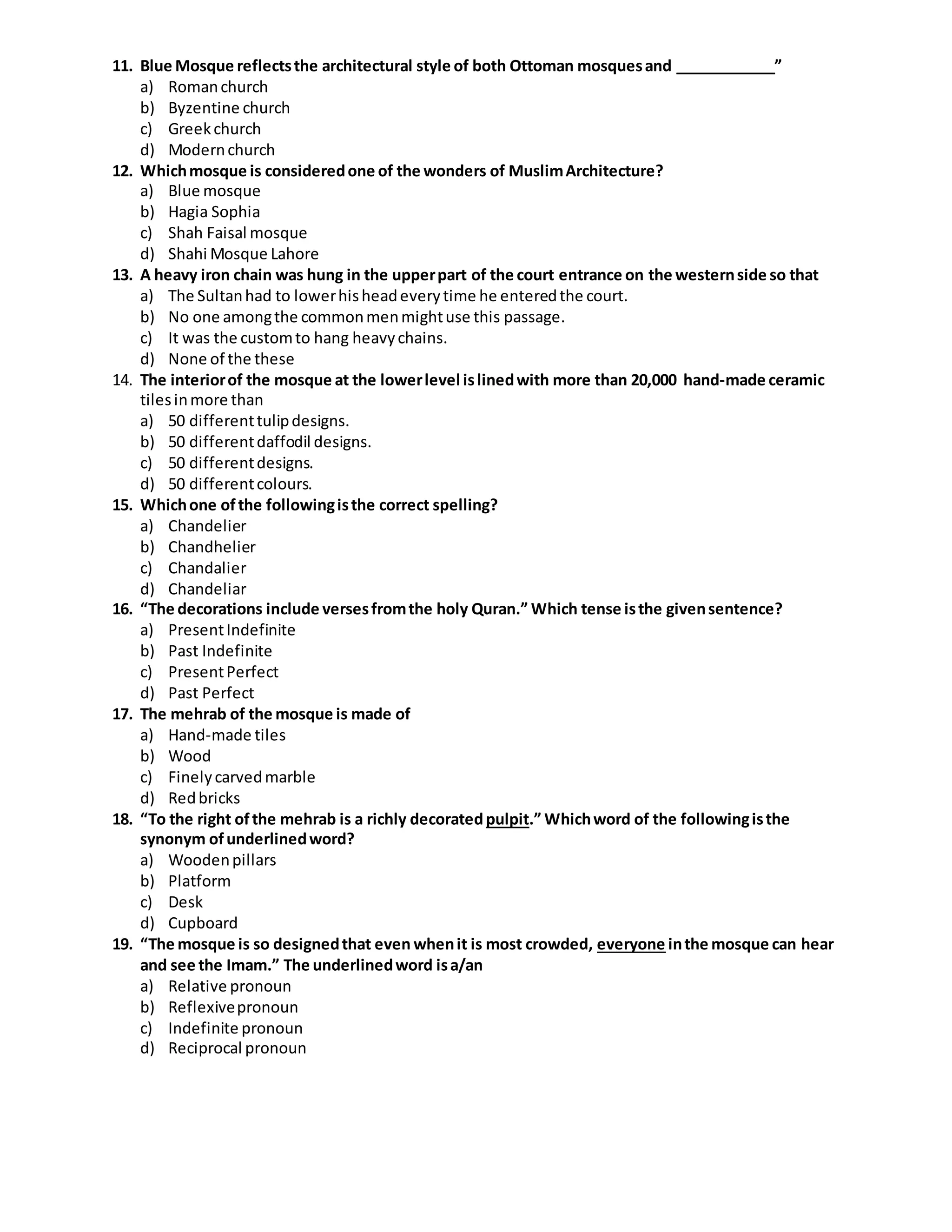 Unit 7 Sultan Muhammad Mosque mcqs By Musarrat Khan | DOCX