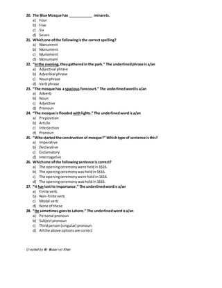 Unit 7 Sultan Muhammad Mosque mcqs By Musarrat Khan | DOCX