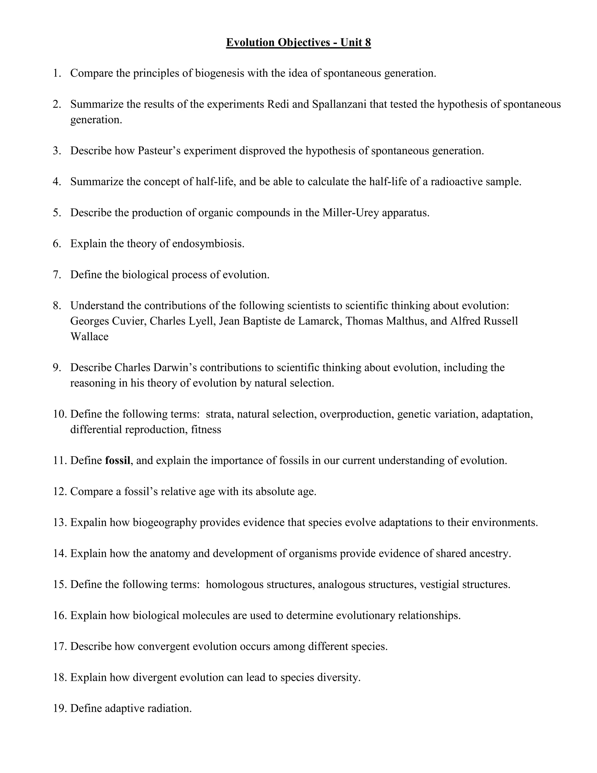 Unit 8 evolution objectives | DOCX