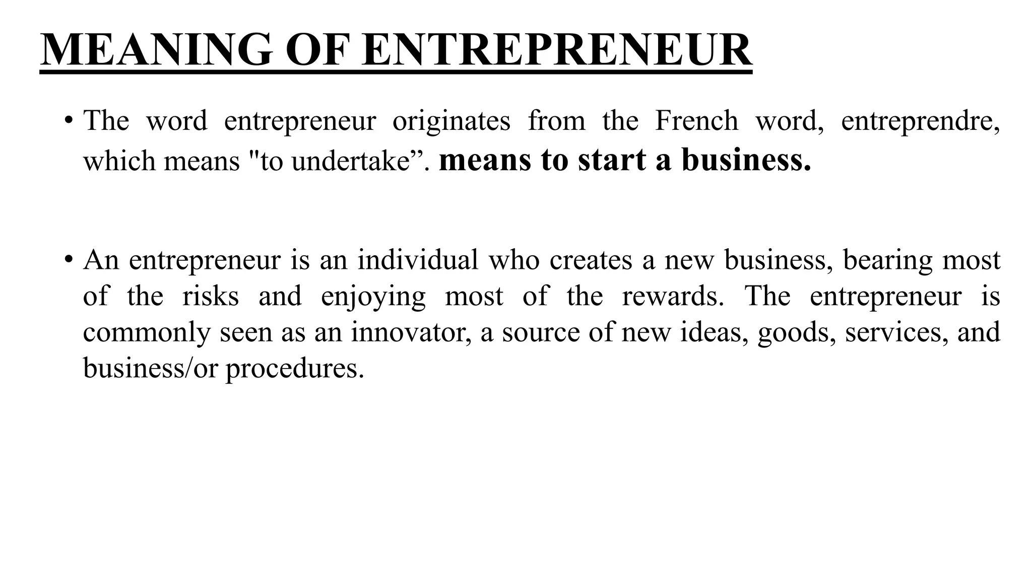 MEANING, DEFINITION AND ELEMENTS OF ENTREPRENEURSHIP | PPTX