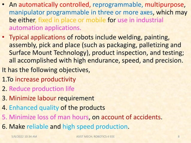 unit-I INDUSTRIAL ROBOTICS PPT FOR BTECH STUDENTS | PDF