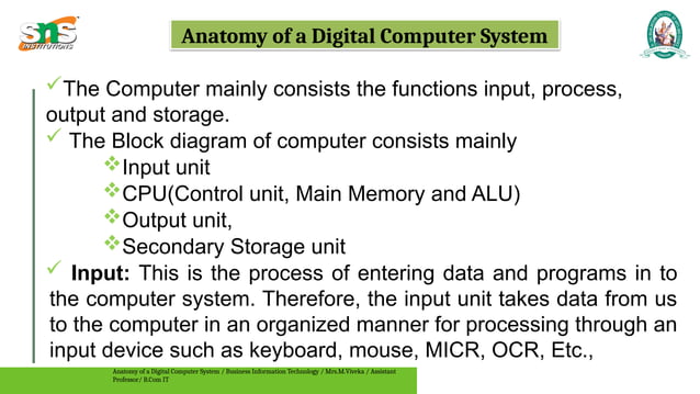 Anatomy of a Digital computer system and basics | PPT