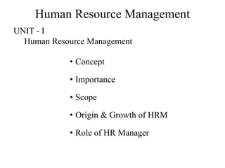 Unit - I HUMAN RESOURCE MANAGEMENT - introduction | PPTX