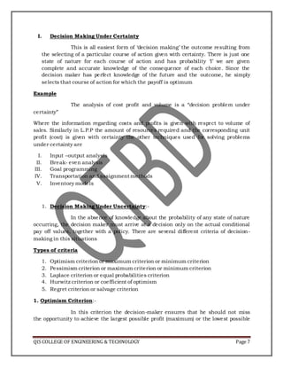 UNIT II - DECISION THEORY - QTBD - I MBA - I SEM | DOCX