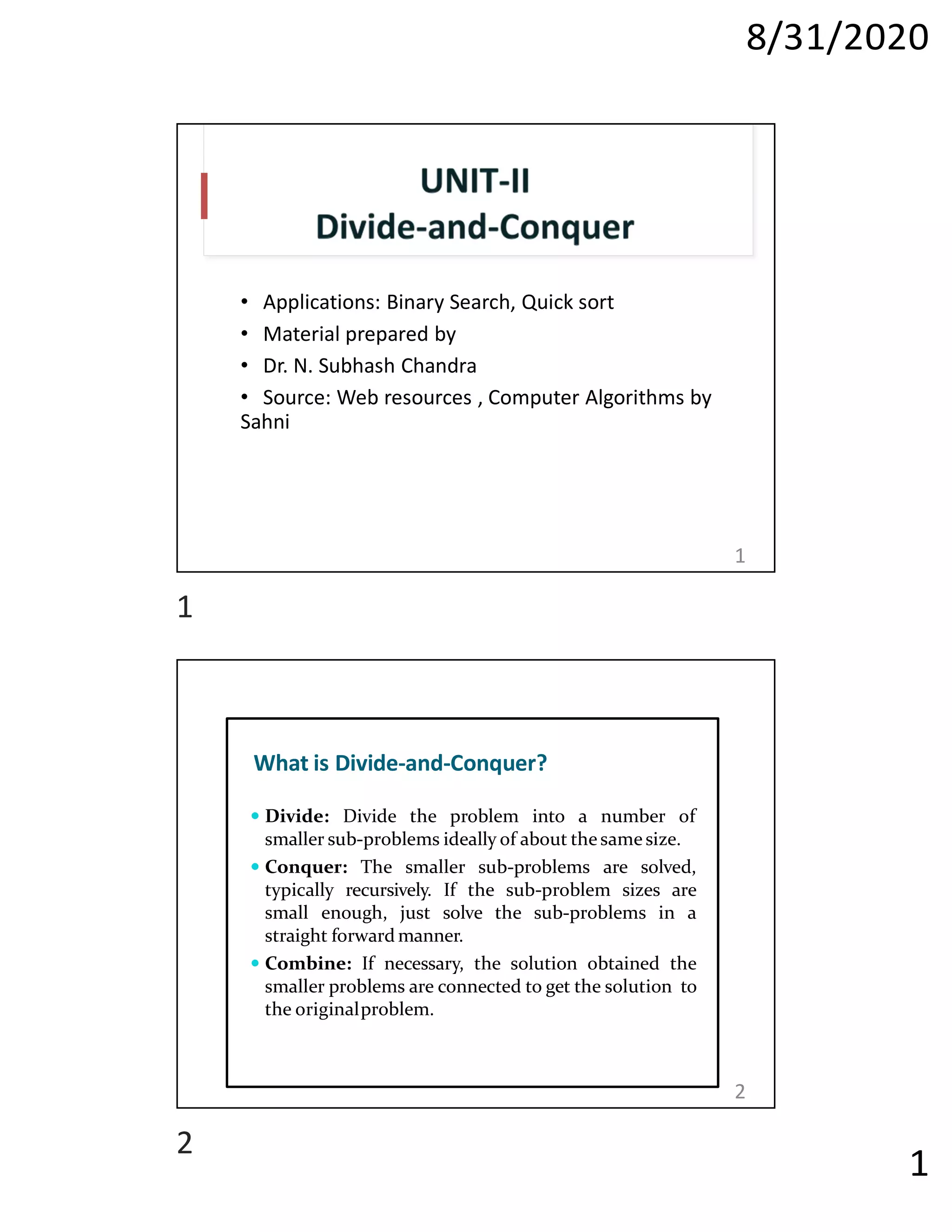 Unit Ii Divide And Conquer 1 Pdf