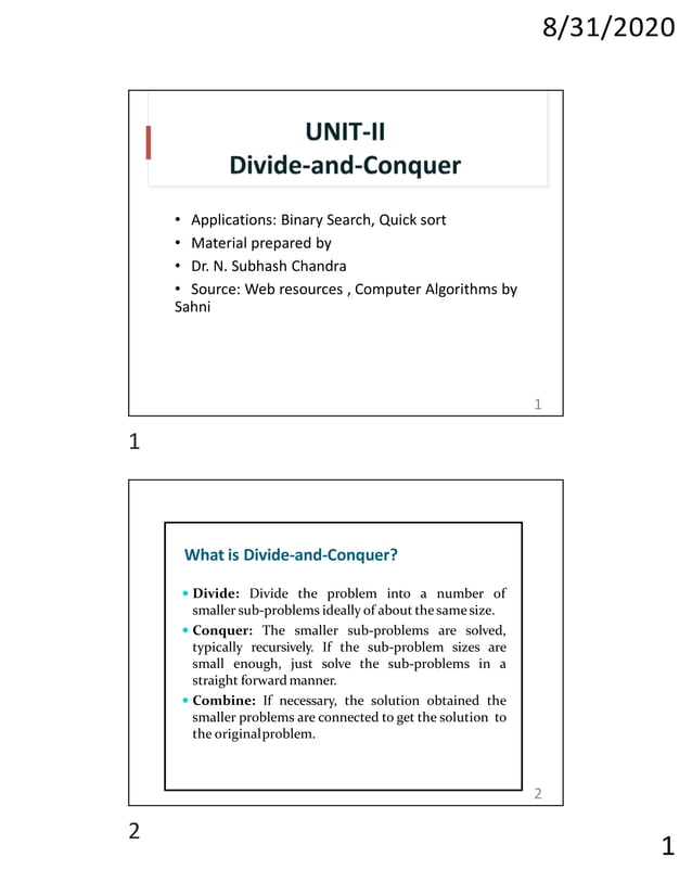 Unit ii divide and conquer -1 | PDF