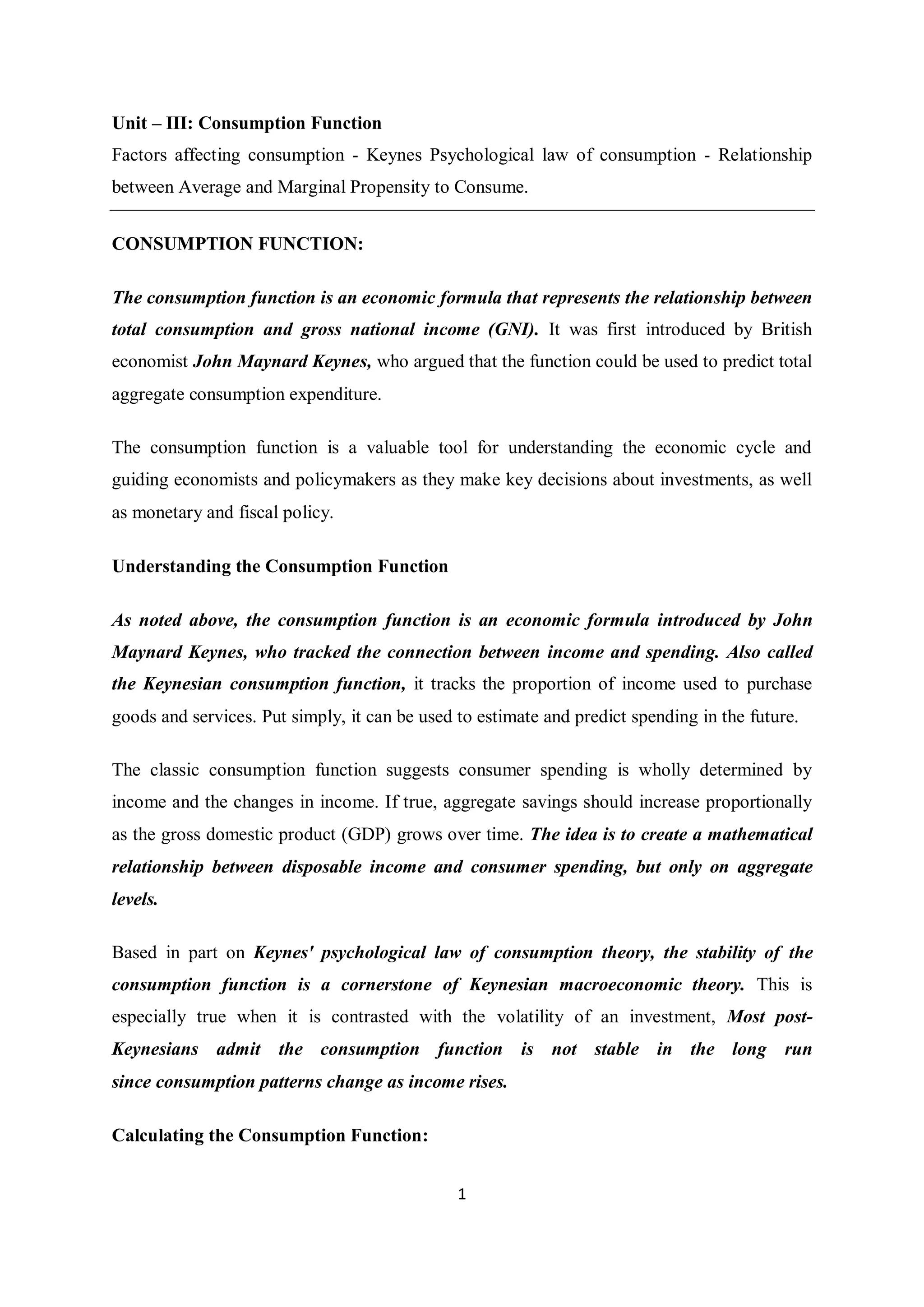 Consumption Function: Keynes Psychological Law of Consumption Function ...