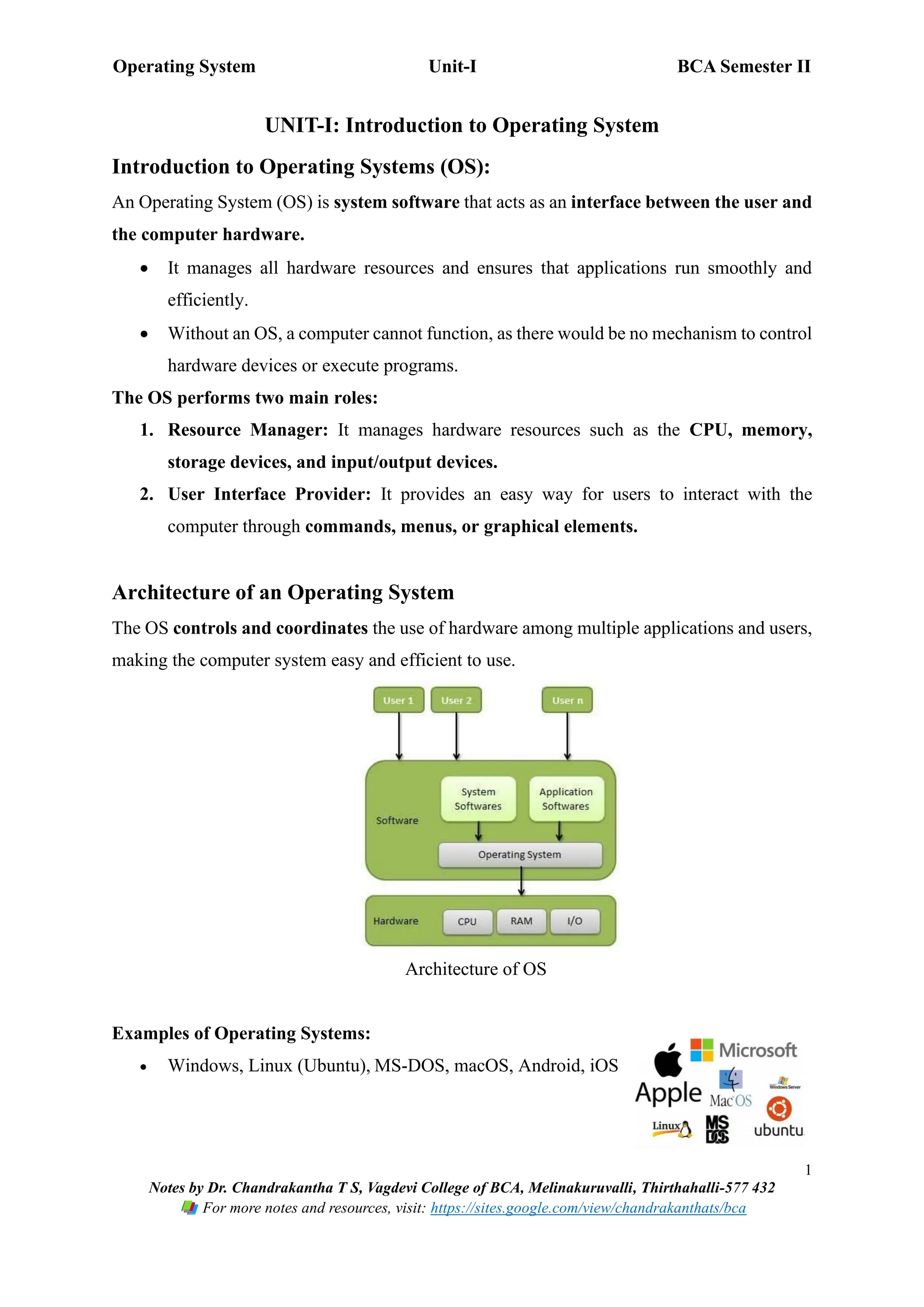 Operating System (OS) UNIT-I: Introduction to Operating System BCA SEP ...