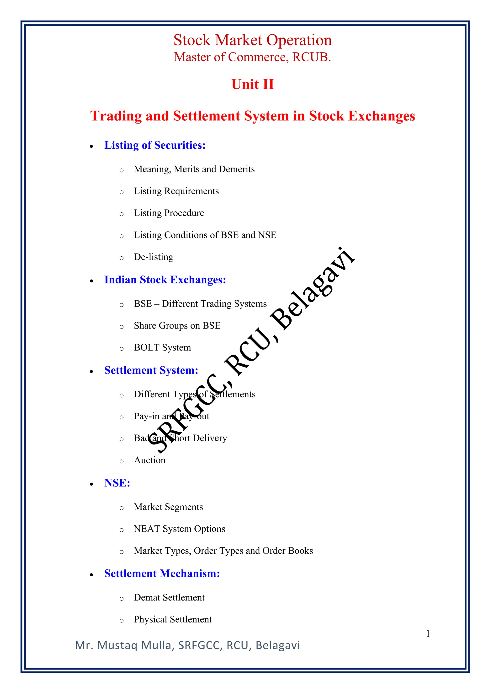 Unit -II Unit II- Trading and Settlement System in Stock Exchanges.pdf