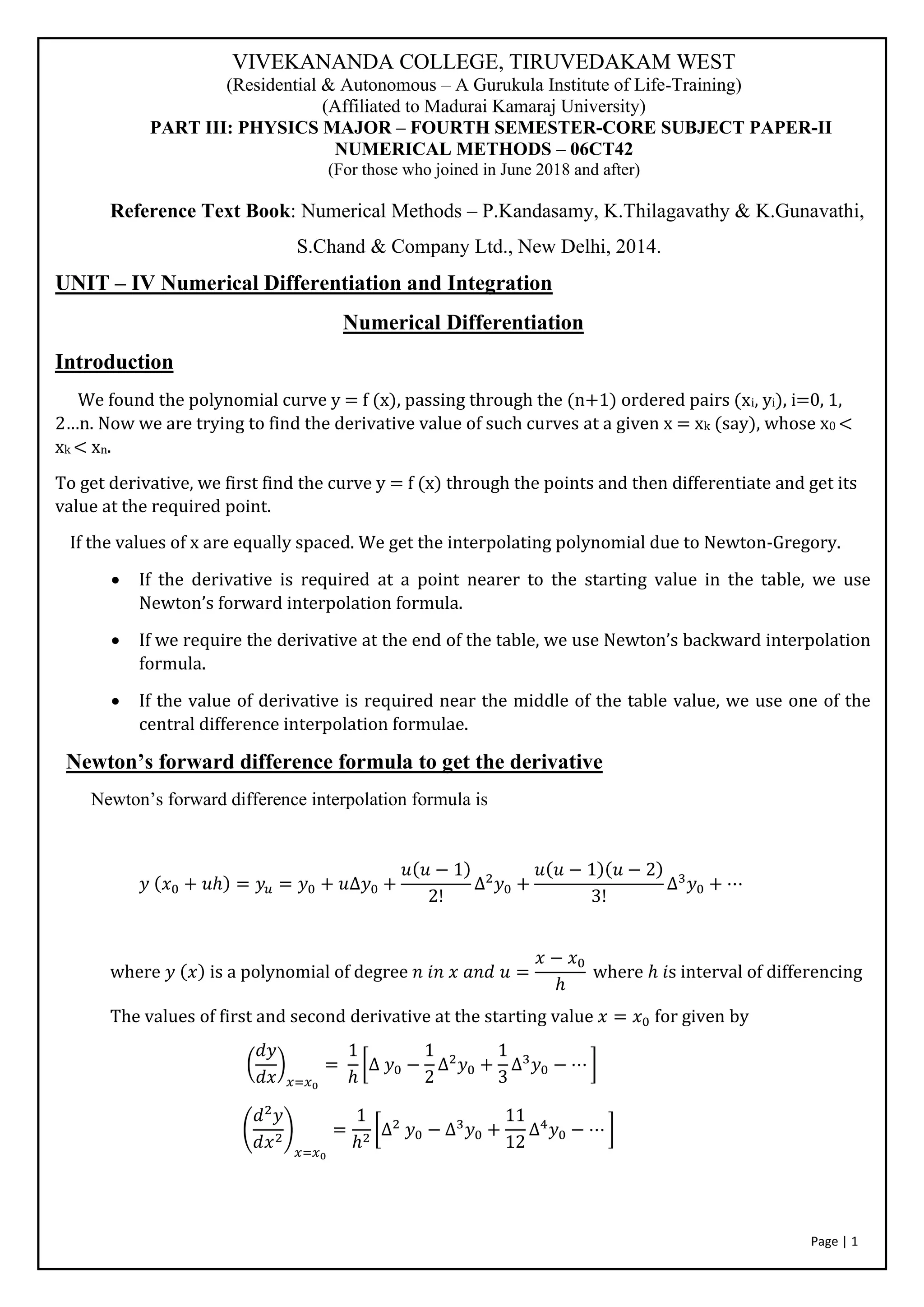 Study Material Numerical Differentiation and Integration | PDF | Physics | Science