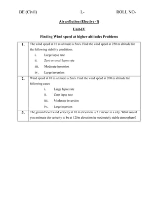 AIR POLLUTION CONTROL Unit iv problem set | PDF