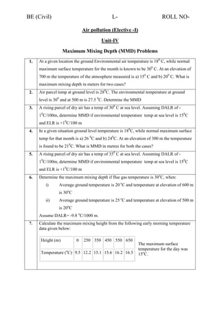 AIR POLLUTION CONTROL Unit iv problem set | PDF