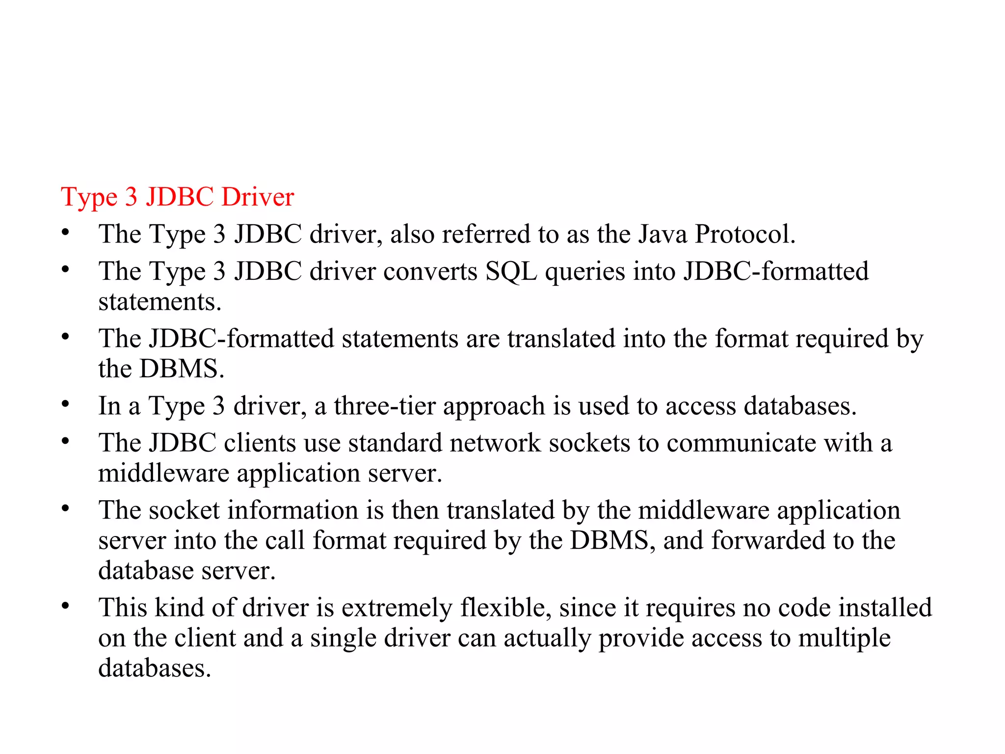 JDBC,Types of JDBC,Resultset, statements,PreparedStatement,CallableStatements,Savepoints ...