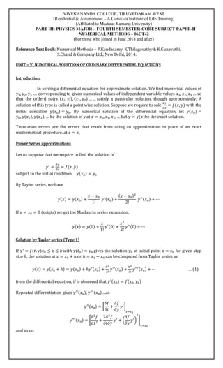 Study Material Numerical Solution of Odinary Differential Equations ...