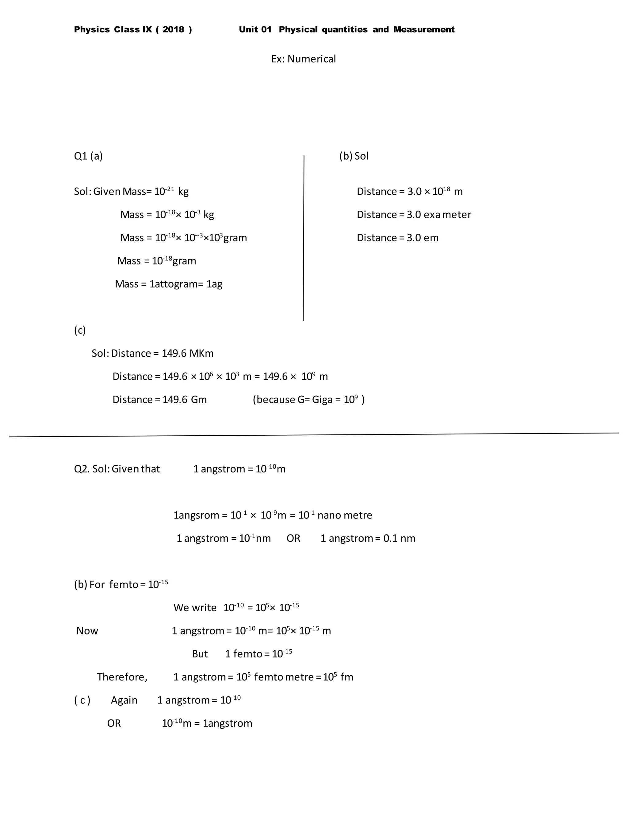 Physics IX.Unit 01 physical quantities and measurement Numericals | DOCX